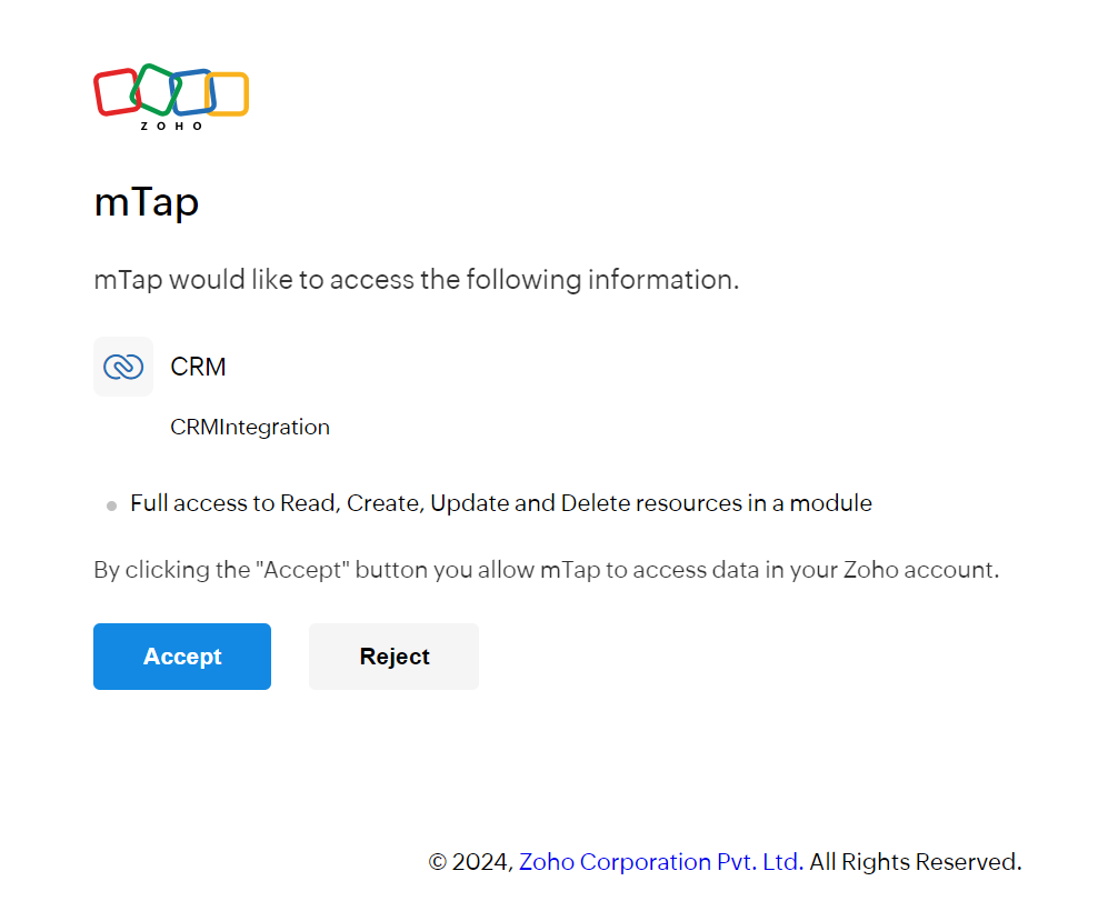 Zoho Integration- Web – mTap Quick Start Guide